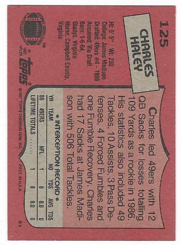 CHARLES HALEY 1987 Topps Football RC # 125 San Francisco 49ers Rookie ...