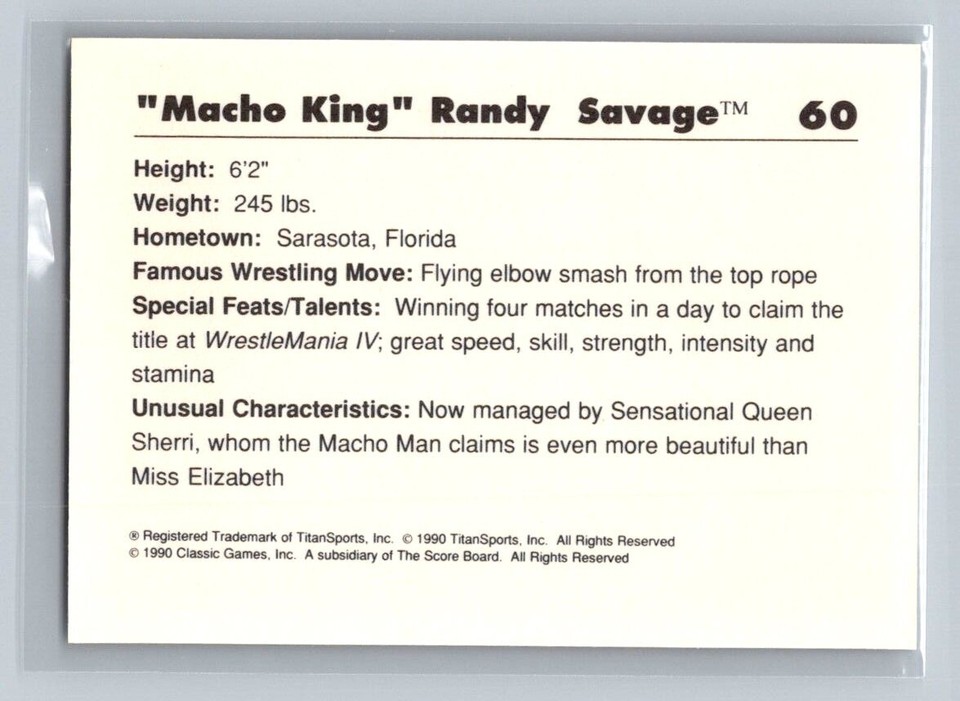 Macho Madness Macho Man Randy Savage 1990 Classic WWF #60 WCW WWE HOF ...