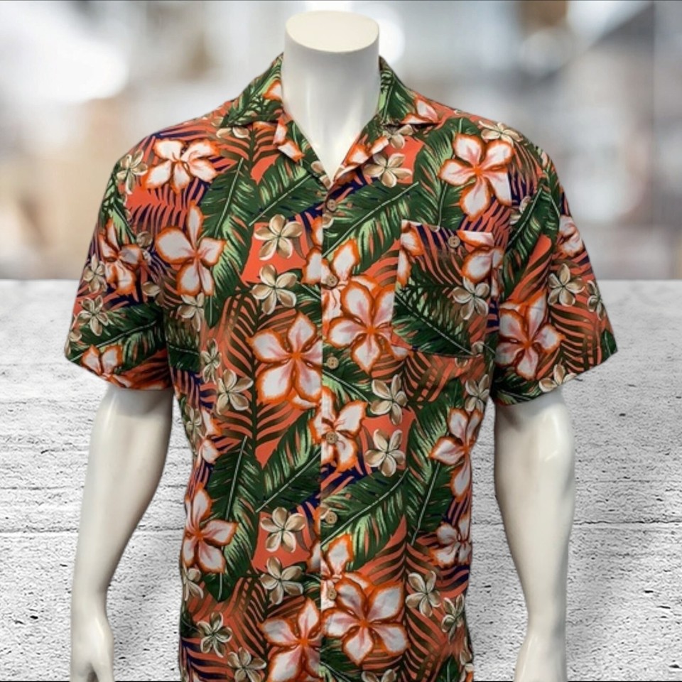 UZZI AMPHIBIOUS GEAR Orange-Green Hawaiian Tropical Vacation Shirt Size ...