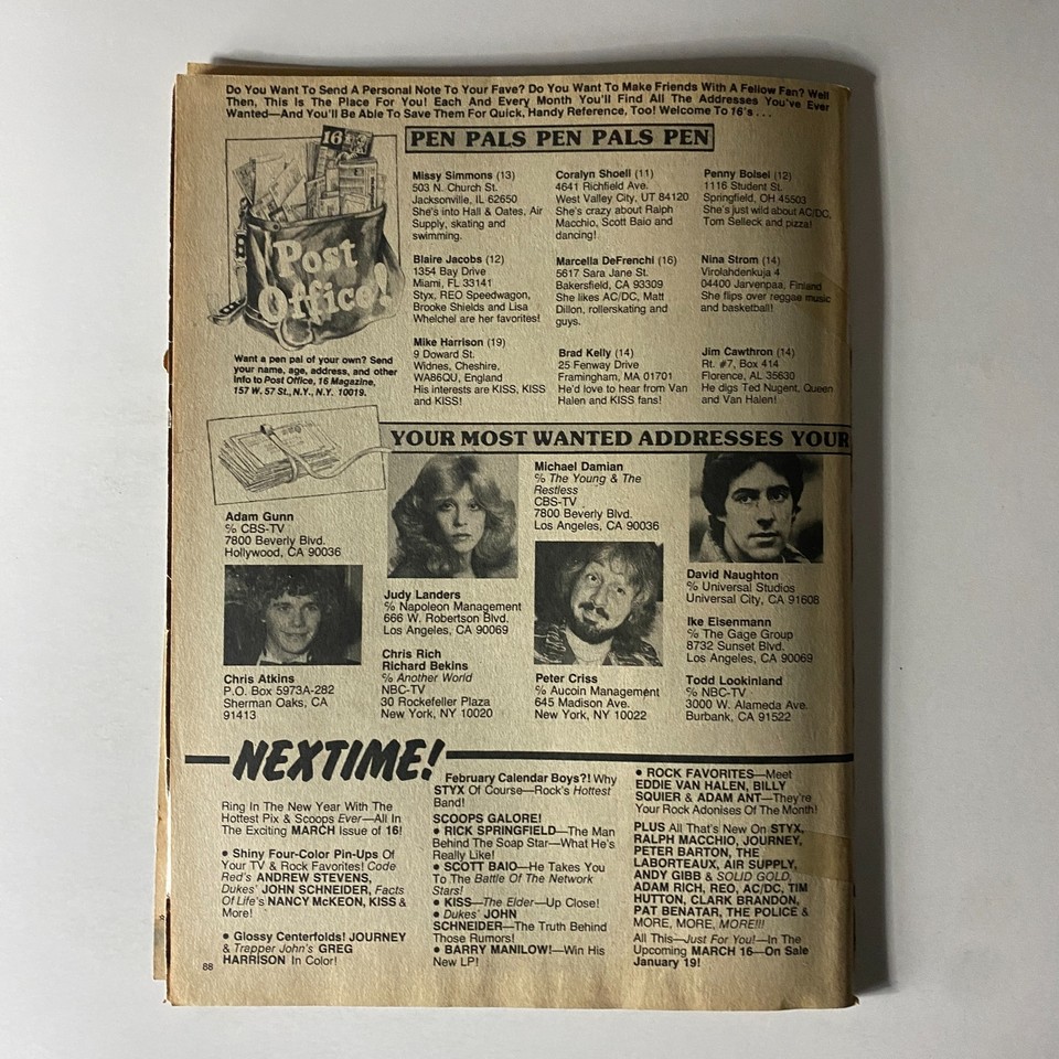 16 Magazine February 1982 Scott Baio, John Schneider w Poster No Label ...