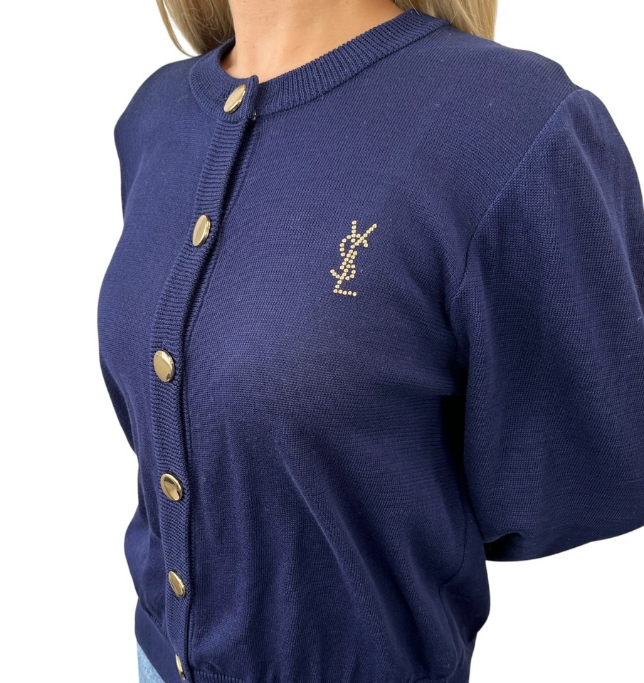 Yves Saint Laurent Vintage YSL Studs Logo Dark Blue Cardigan #M Sweater ...