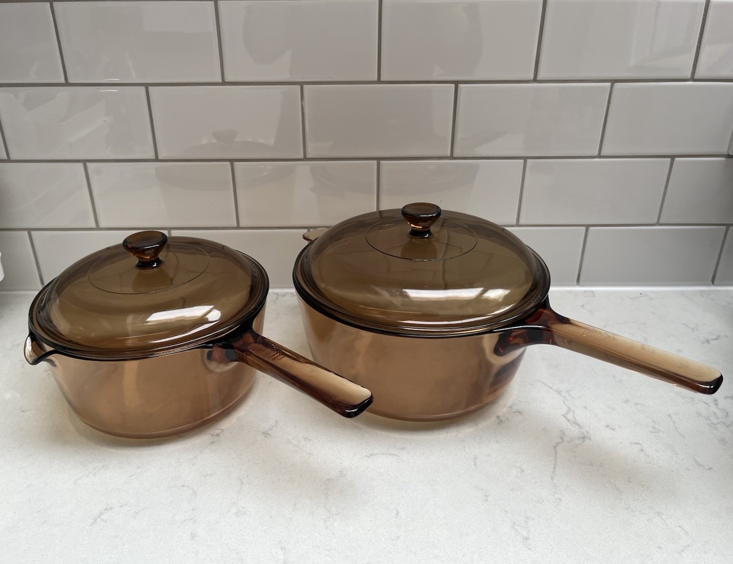 2 Vintage Vision Corning France Glass Amber Saucepans With Lids Set 1.5 ...