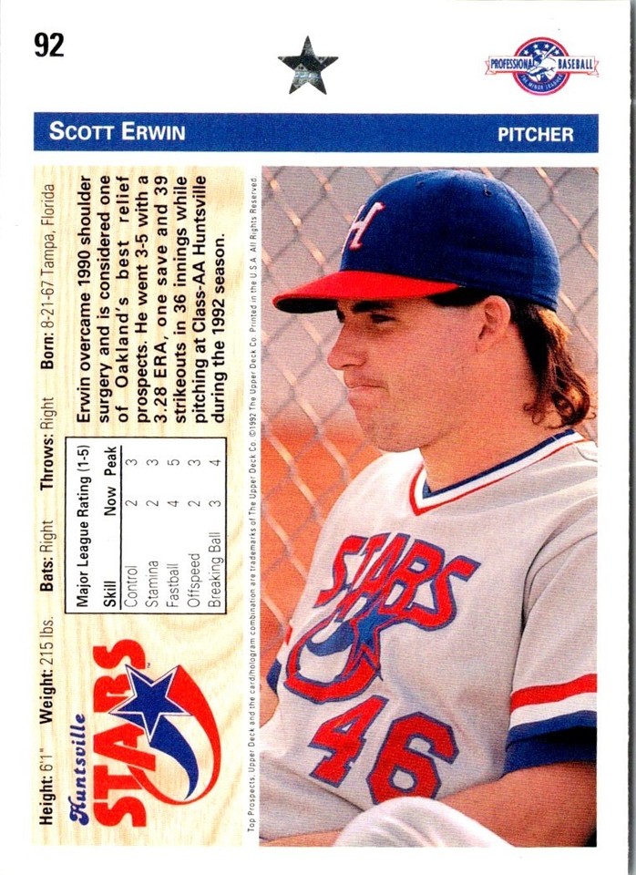 1992 Upper Deck Minors Scott Erwin #92 Huntsville Stars Baseball Card ...