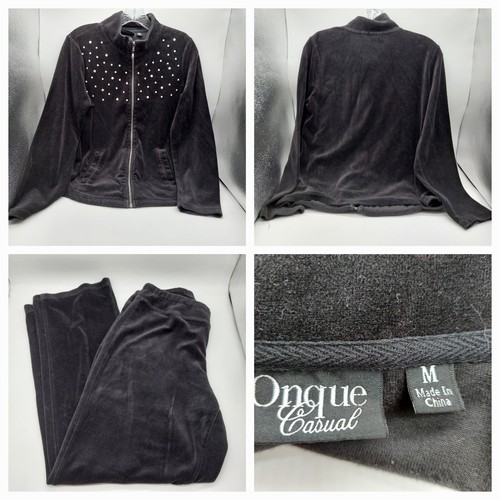 Onque Casual Velour Track Suit Womens Size Medium Black Pant Zip Jacket ...
