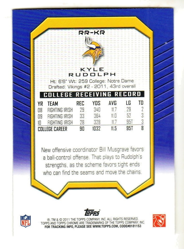 2011 Topps Chrome ROOKIE RECOGNITION #RR-KR KYLE RUDOLPH RC New York ...