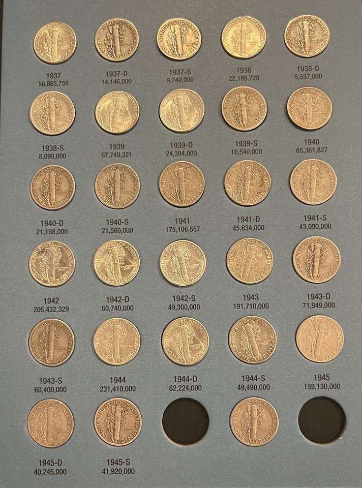 1916-1945 Mercury Dime Book (77) 1921 PD, 1926S, 1930S, 1931 PDS, 1945 ...