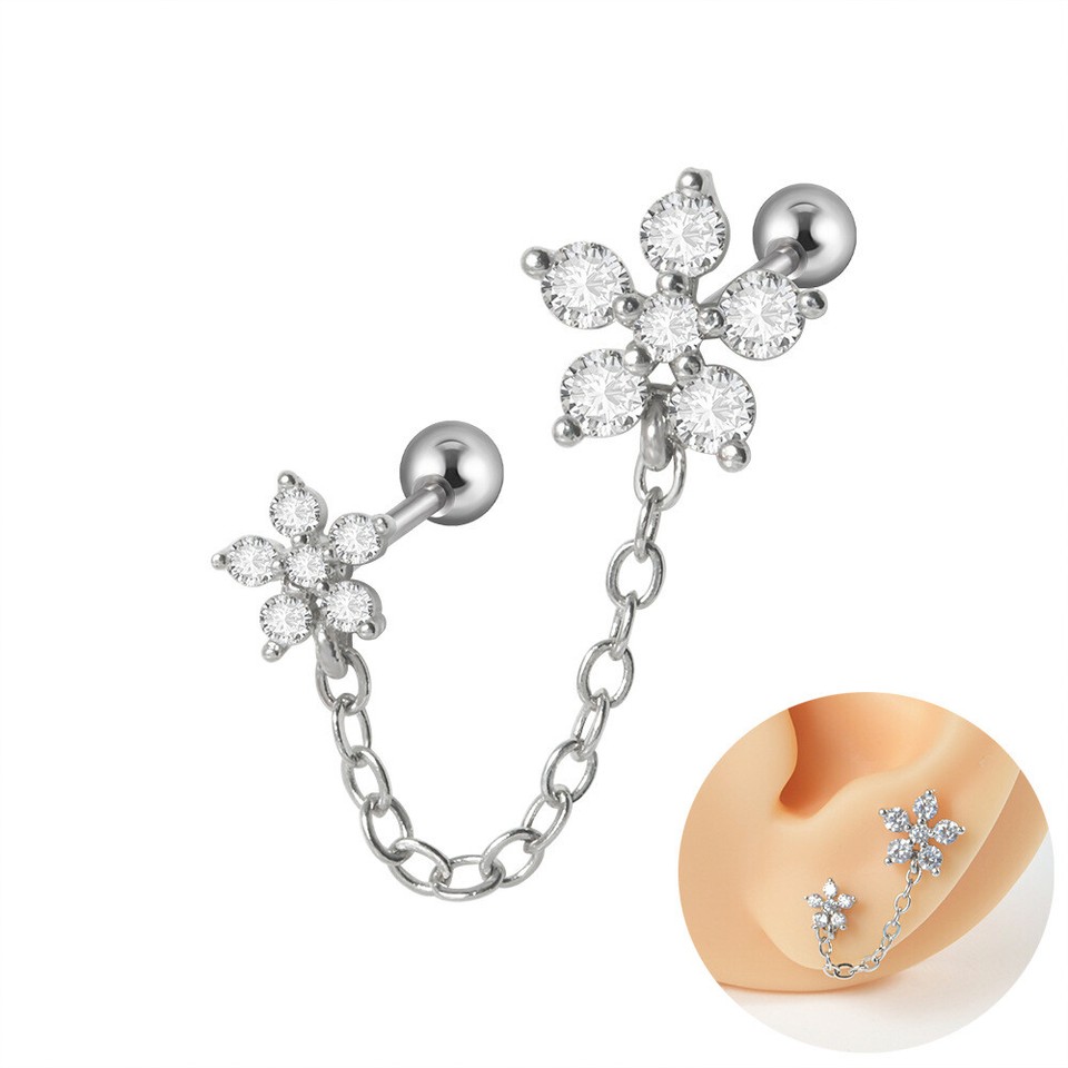 2PCS Crystal Chain Double Ear Stud Earrings Tragus Helix Cartilage ...