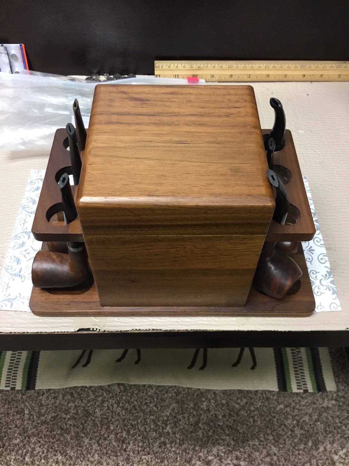 Vintage Decatur Walnut 6 Pipe Stand With Humidor And 6 Pipes | eBay