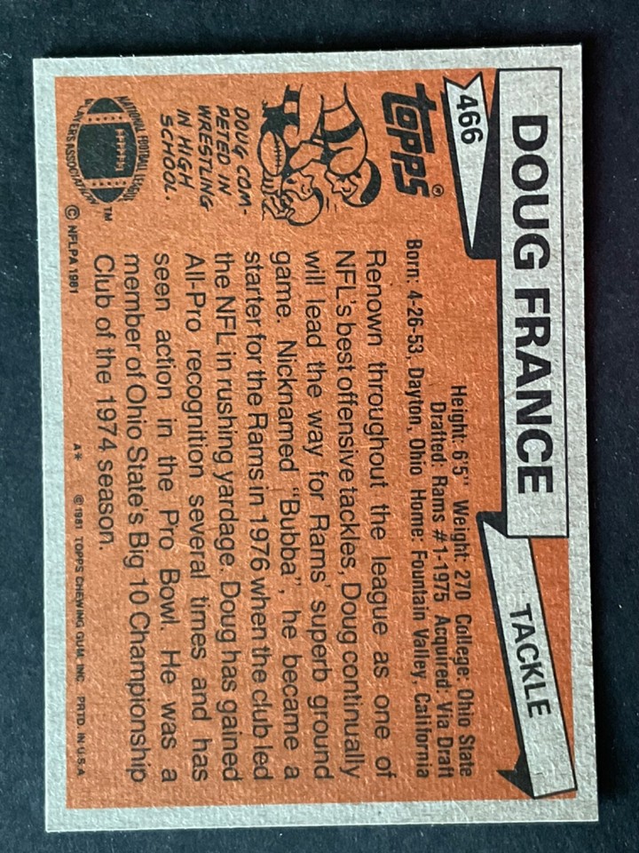 Doug France 1981 Topps Rookie Football Card #466 Los Angeles Rams ...