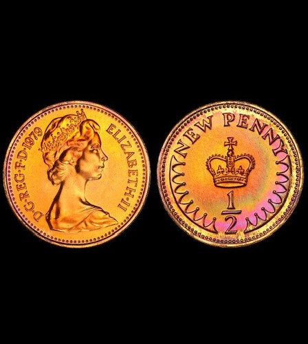 PR68RB 1979 Great Britain 1/2 Penny Proof, PCGS- Rainbow Toned Solo Top ...