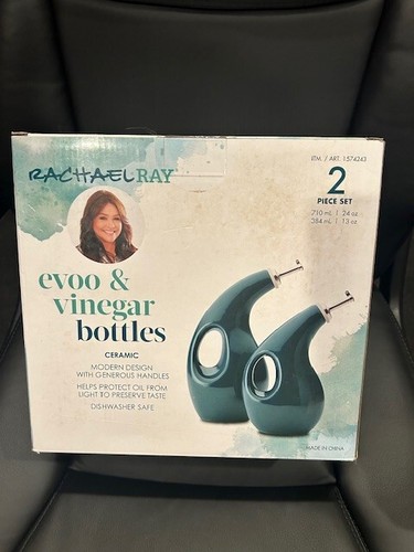 Rachael Ray EVOO Oil & Vinegar Bottles Dispensers 2Pc Set Teal Ceramic ...