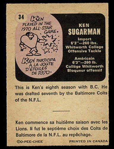 1971 KEN SUGARMAN OPC CFL #34 O PEE CHEE COLUMBIA NM #3927 | eBay