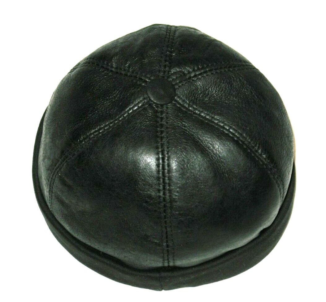 Beanie Leather Cap 6 Panels Sheep Skin Hat Black Winter Hats & Caps ...
