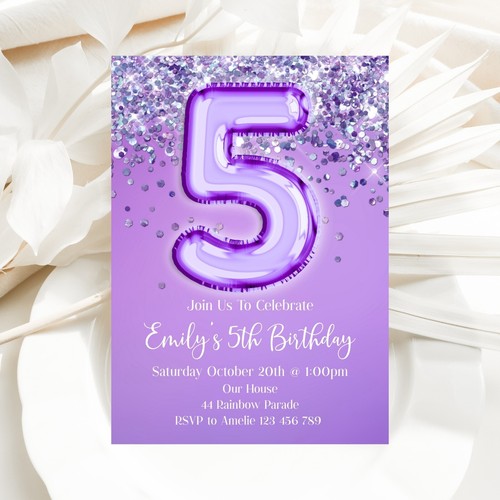 YOU PRINT, 5th Birthday Invitation, Purple Glitter Invite | eBay