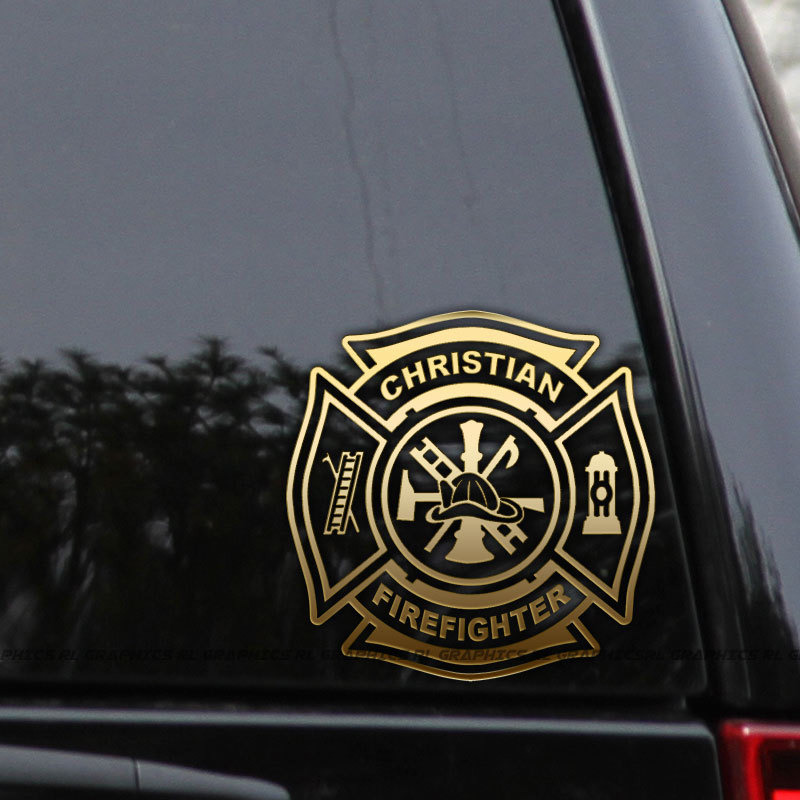 Fire Dept Window Decals Firefighter Emblem Flames "First In Last Out"