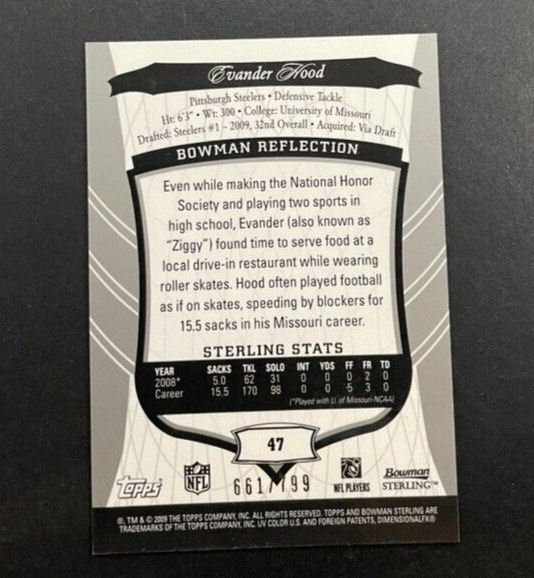 2009 Bowman Sterling - Evander Hood #47 Pittsburgh Steelers - ROOKIE ...
