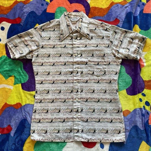 Vintage 80s Button Up Shirt Men’s Small Beige Tan Geometric Boat Art ...