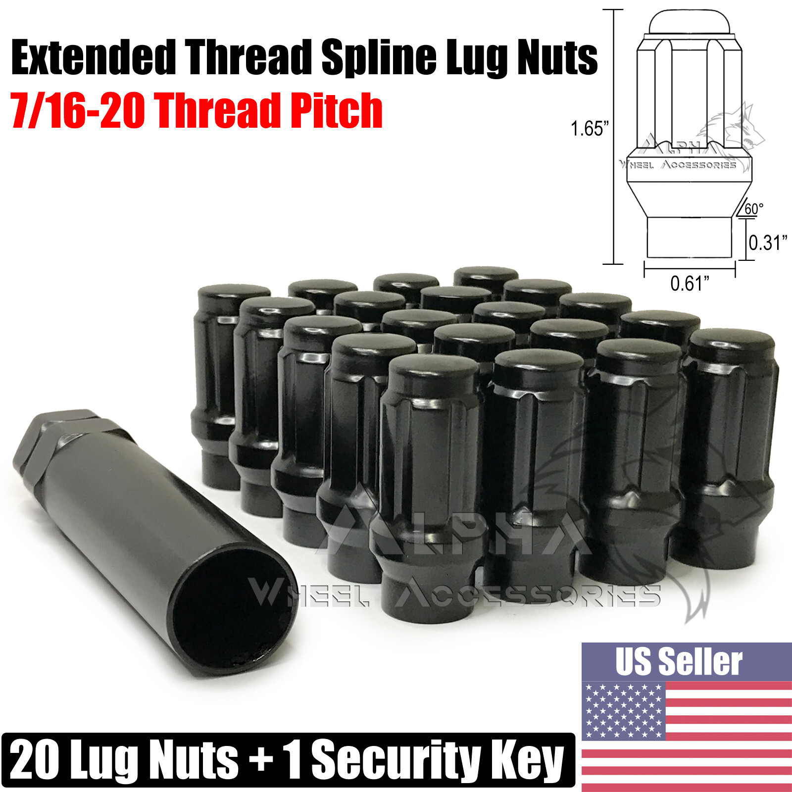 20 Black Spline 7/16-20 Extended Thread Lug Nuts For Pontiac Firebird ...