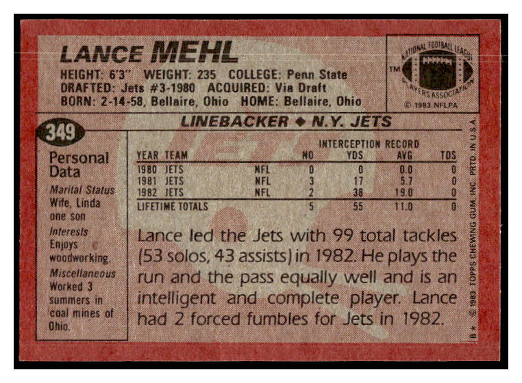 1983 Topps #349 Lance Mehl New York Jets Rookie Excellent | eBay