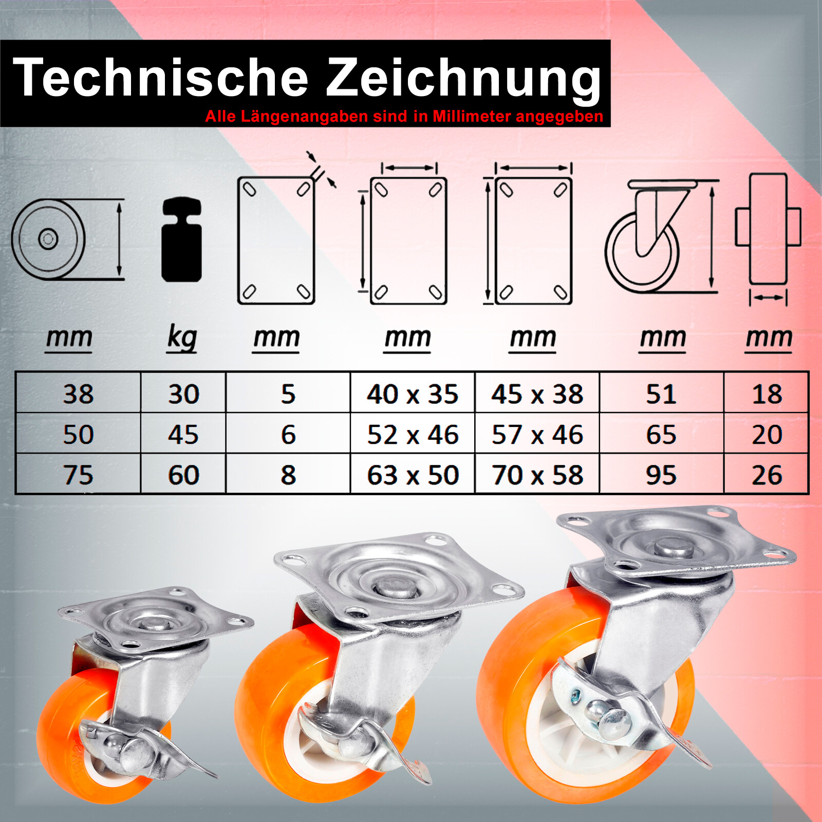 Transportrollen 4 x Set Lenkrollen mit Feststeller Möbelrollen ...