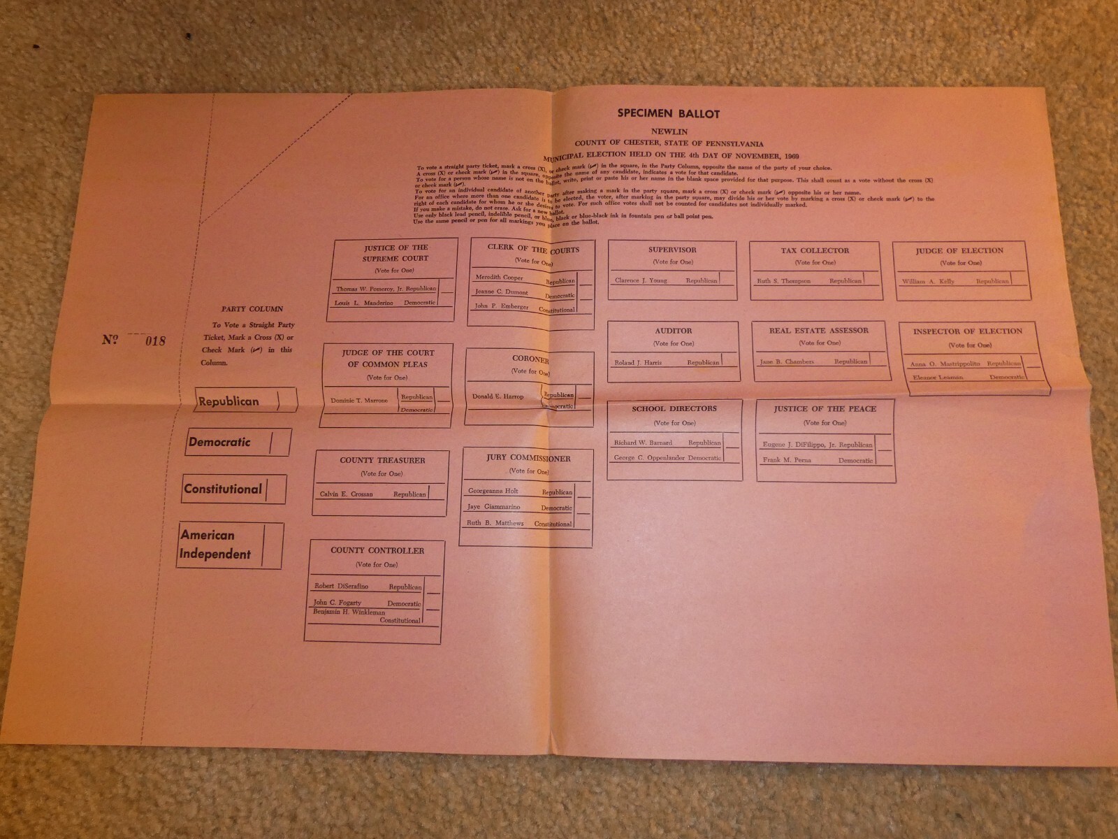 Vintage 1969 Election Specimen Ballot Newlin Chester County ...