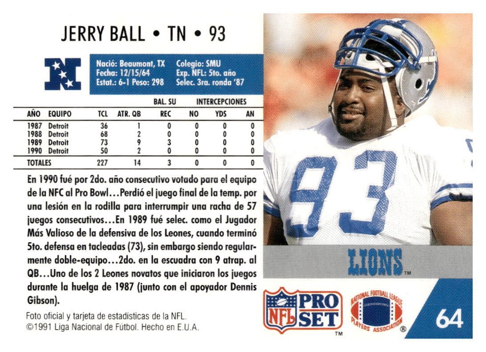 JERRY BALL 1991 Pro Set Spanish #64 Detroit Lions | eBay