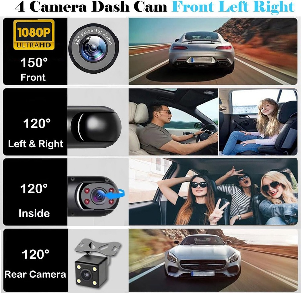 4 Channel Dash Cam 360° View, 1080P Front and Rear Inside, Left Right ...