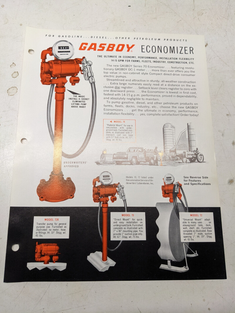 GASBOY PUMP DEALER SALES BROCHURE ADVERTISMENT MODEL ECONOMIZER 72 70 ...