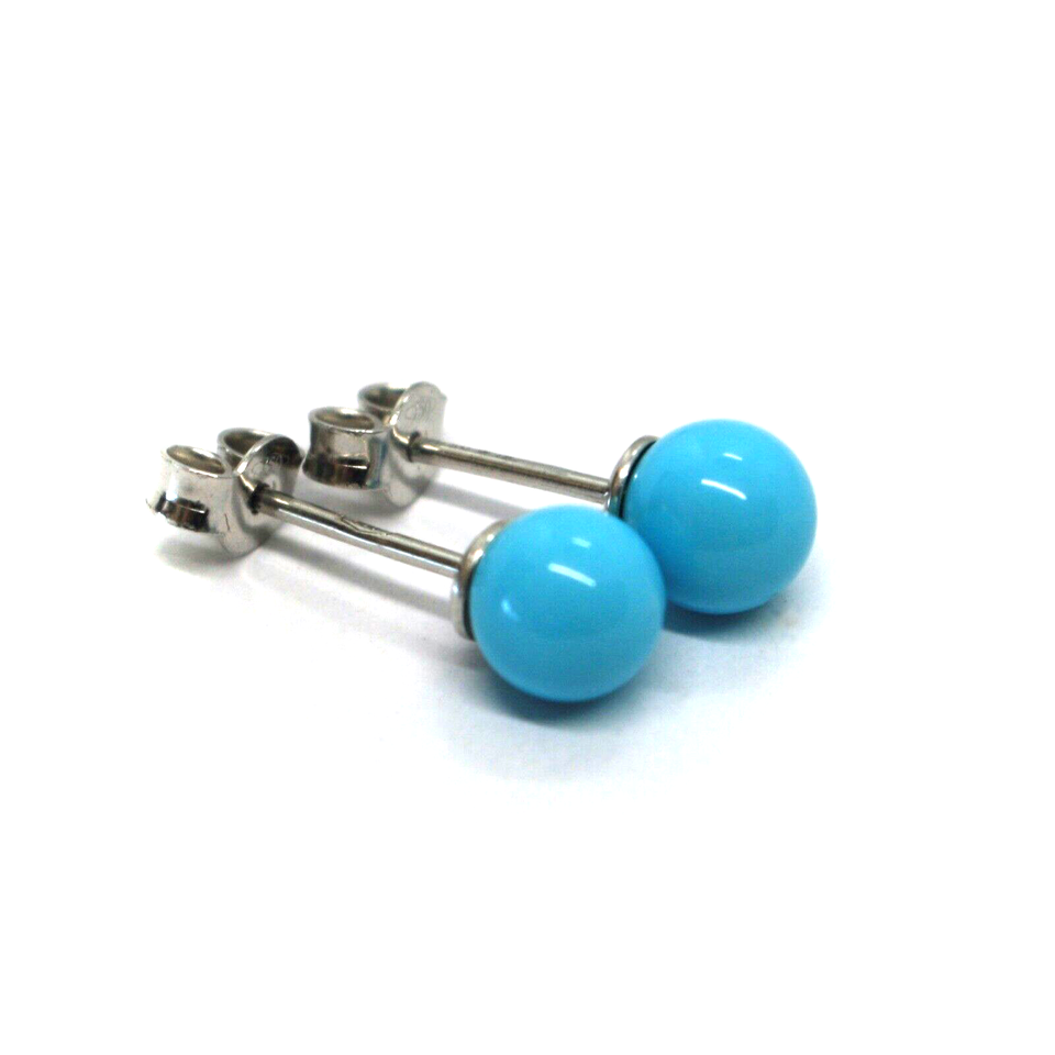 18K WHITE GOLD 6mm SPHERES BALLS RECONSTRUCTED TURQUOISE BUTTON ...