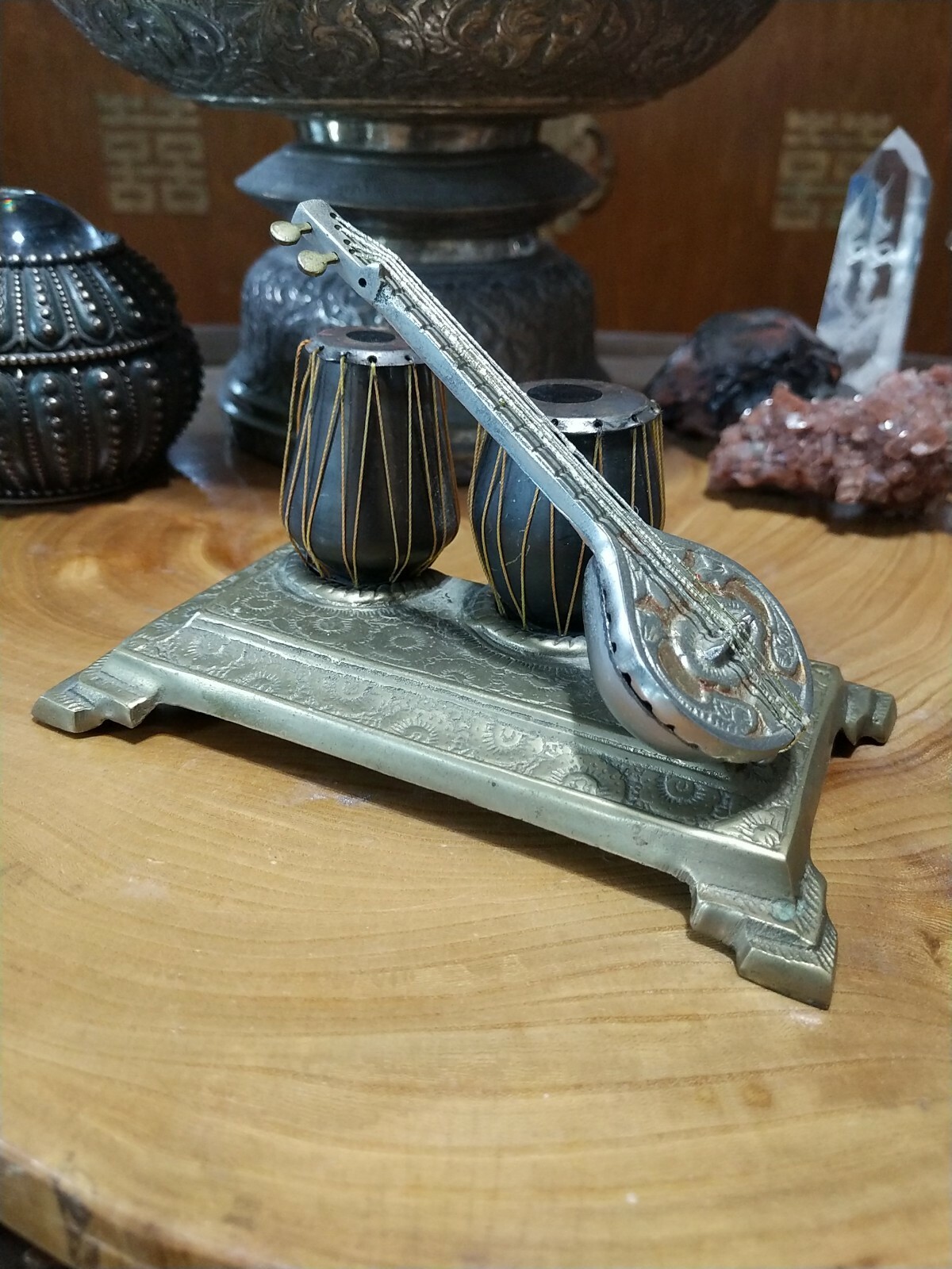 Vintage odd brass, metal European musical instruments figurine. Drums ...