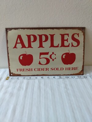 Vintage Apples 5¢ Fresh Cider Sold Here Tin Metal Sign, Vibrant Red ...