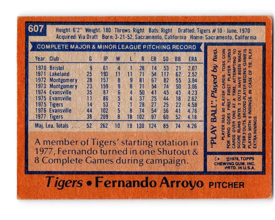 1978 Topps #607 Fernando Arroyo Detroit Tigers Baseball Card EX | eBay