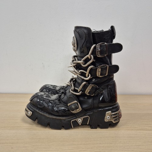New Rock Reactor Skull Chain Spikes Leather Chunky Mid Calf Boots Uk 7 ...