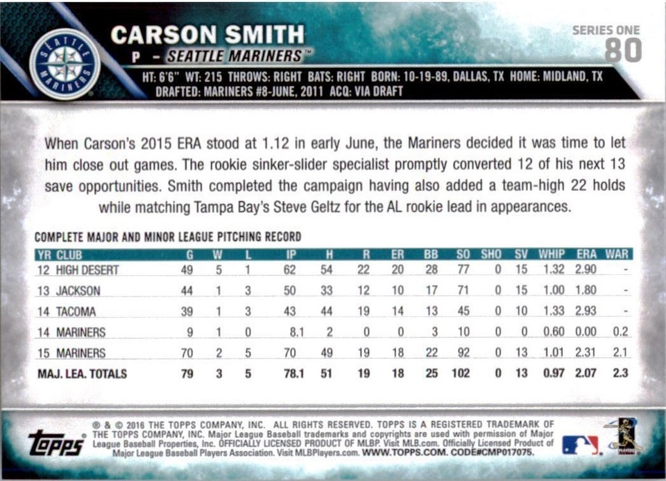 2016 Topps #80 Carson Smith Seattle Mariners | eBay