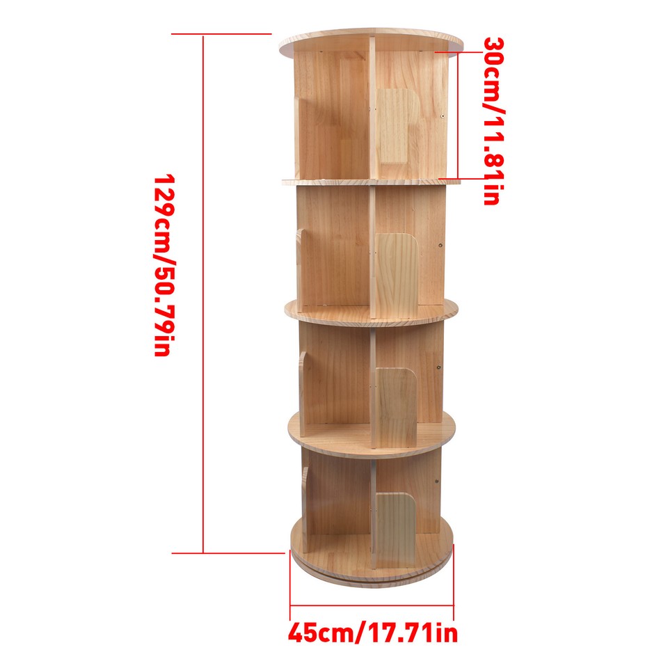 1-5 Tier Rotating Bookshelf 360°Solid Wood Spinning Bookshelf Revolving ...