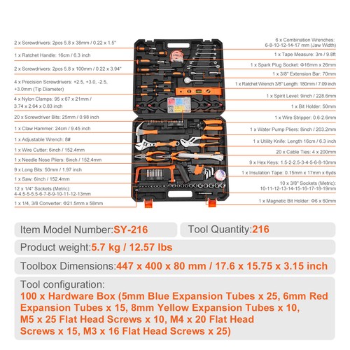 Tool Kit 216 Piece General Household Hand Tool Set with Portable Tool ...