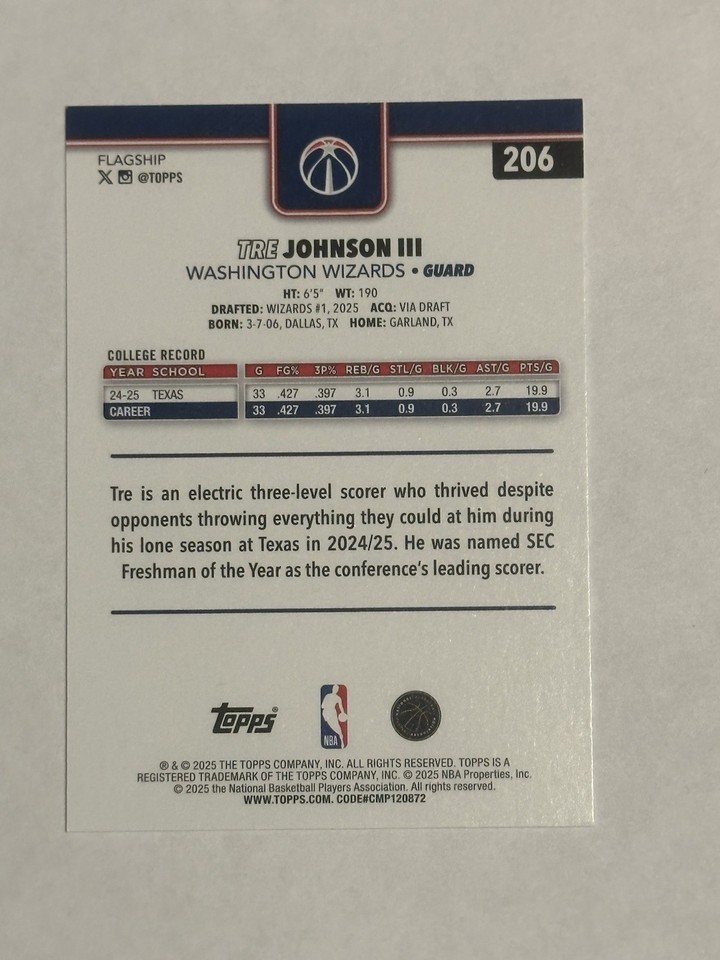 Tre Johnson III 2025-26 Topps Rookie Card RC #206 Washington Wizards | eBay