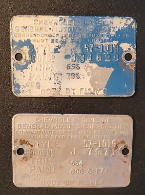 2 Original 1957 Chevrolet Cowl Data Tags 57-1019 Body By Fisher | eBay