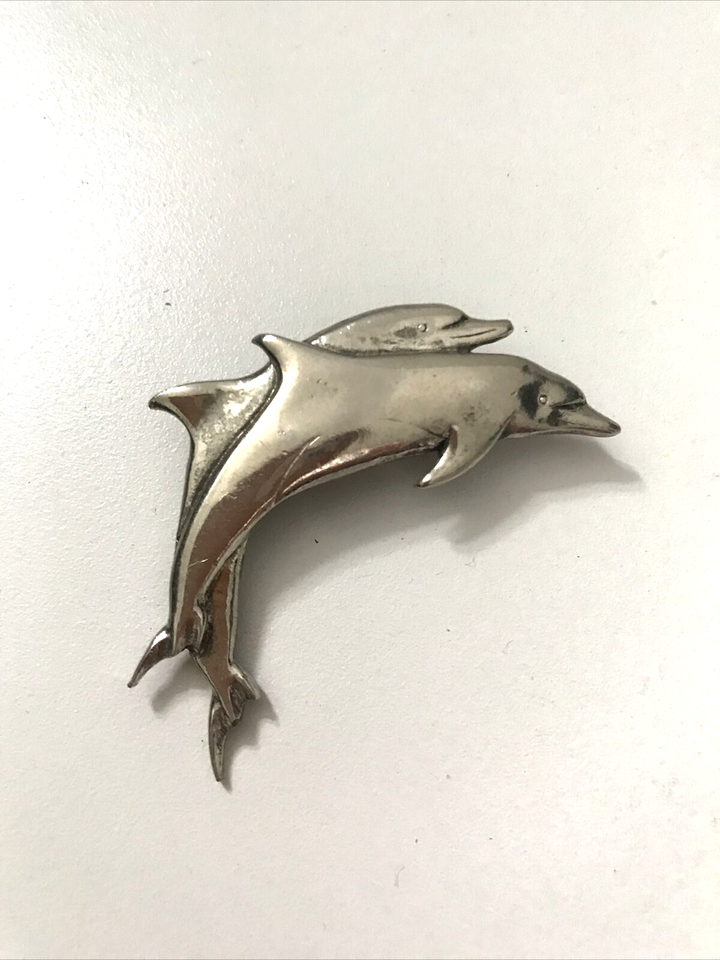 Vintage Jewellery Silver Tone Diving Dolphins Marine Life Brooch Pin ...