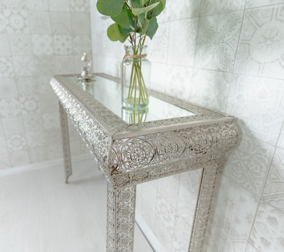 Silver Embossed Metal Glass Moroccan Style Console Table (GZ420) | eBay UK