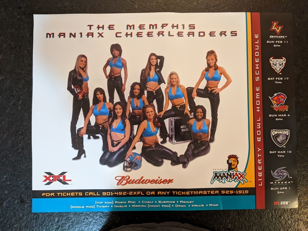 2001 XFL Football Memphis Maniax Cheerleaders Home Schedule Poster 18 x ...