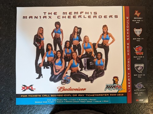 2001 XFL Football Memphis Maniax Cheerleaders Home Schedule Poster 18 x ...