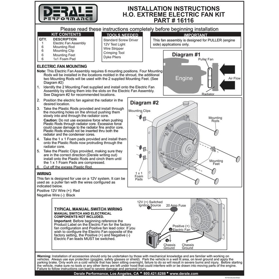 Derale Cooling Fan 16116; H.O. Extreme 16 in. Single Electric, 21 amps ...
