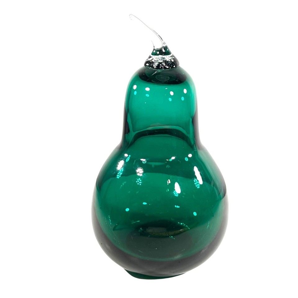 Vtg Blenko Hand Blown Glass Pear Emerald Green Clear Applied Stem Fruit ...