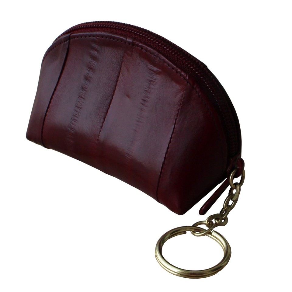 Genuine Eel Skin Leather Zippered Small Coin Purse with Key Ring Mini ...