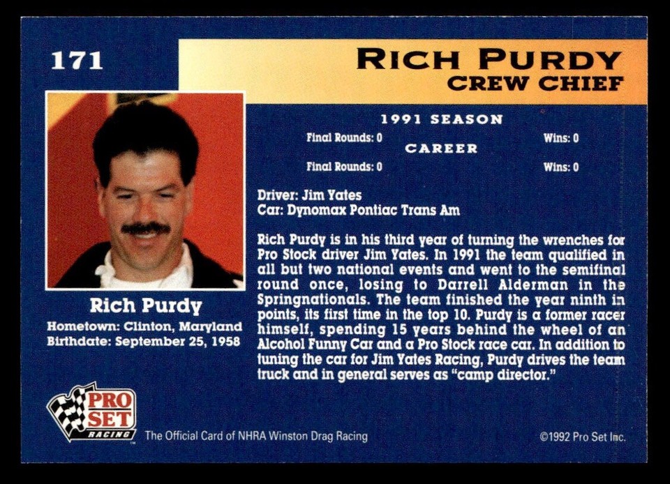 1992 Pro Set NHRA #171 Rich Purdy | eBay