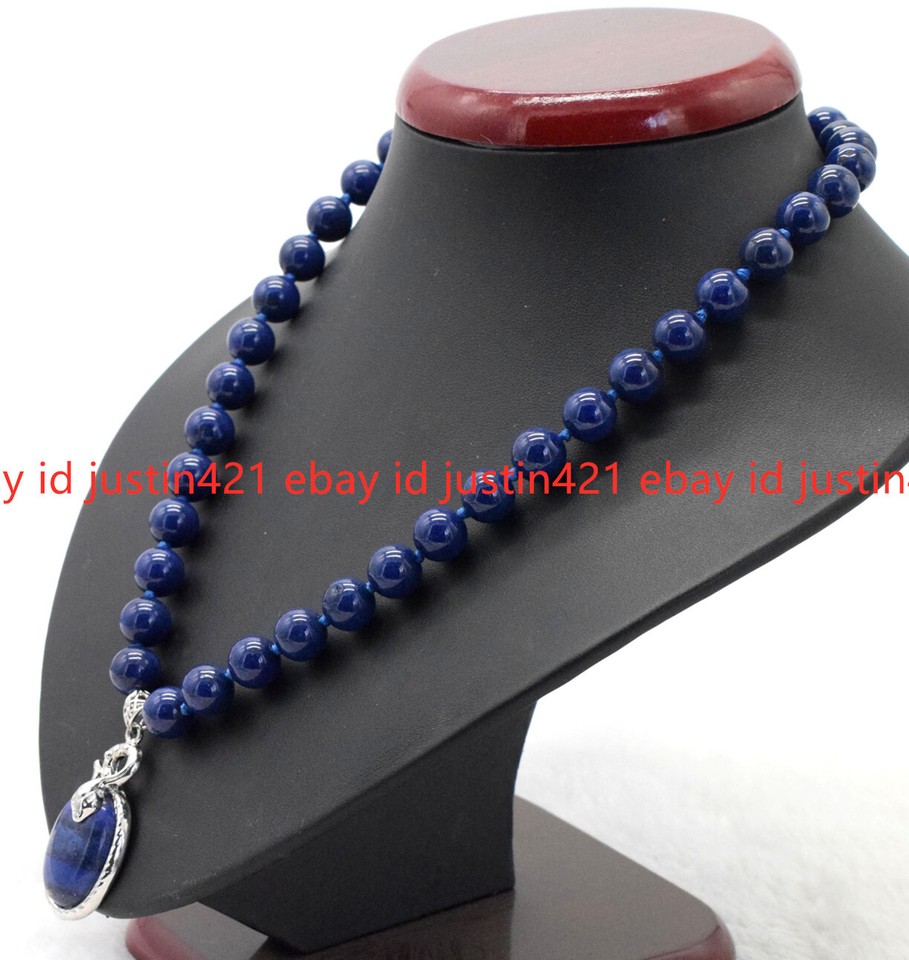 Natural 10mm Blue Lapis Lazuli Round Gemstone Beads Pendant Necklace 18 ...