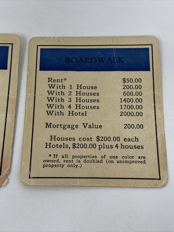 Original 1935 Monopoly PRE PATENT single sided Property Cards Boardwalk ...