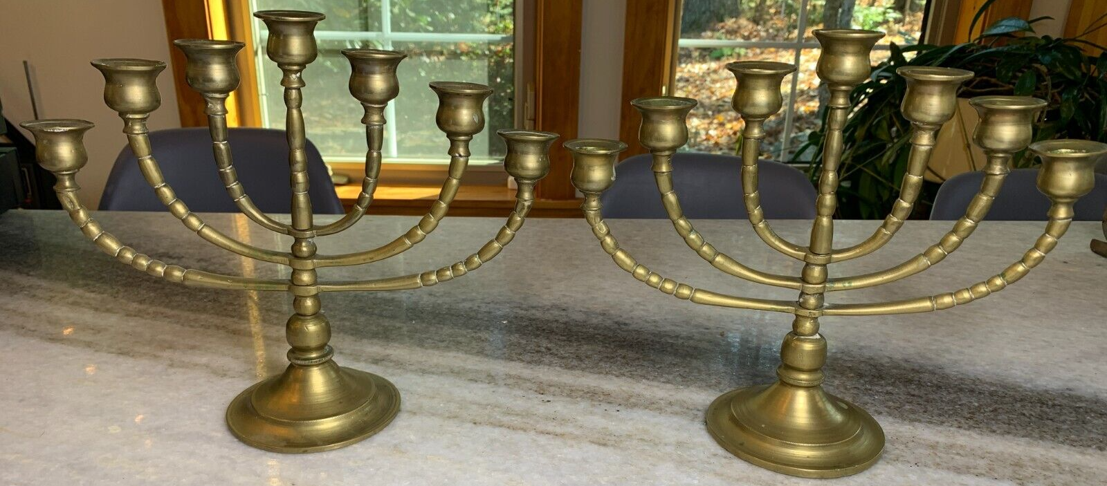 PAIR Antique Solid Brass Menorah Menorahs 7 Seven Branch Branches Full ...