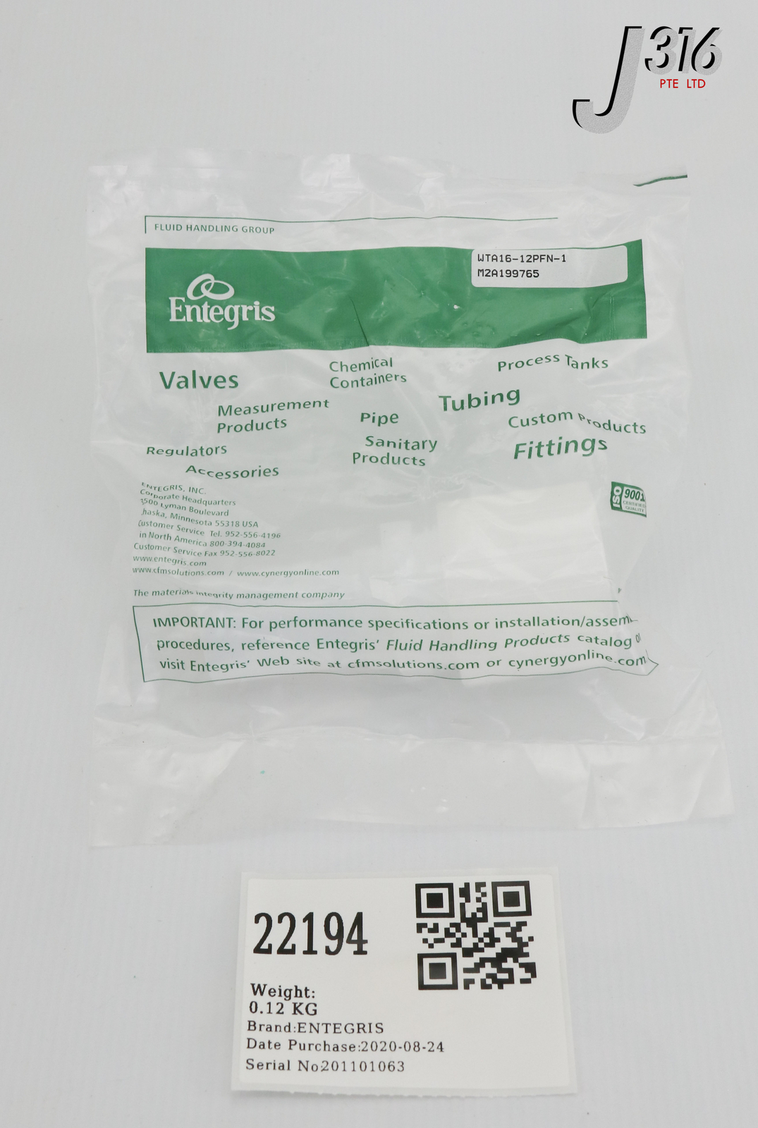 22194 ENTEGRIS 1" FLARETEK® TO 3/4" PUREBOND® PIPE (NEW) WTA16-12PFN-1 ...